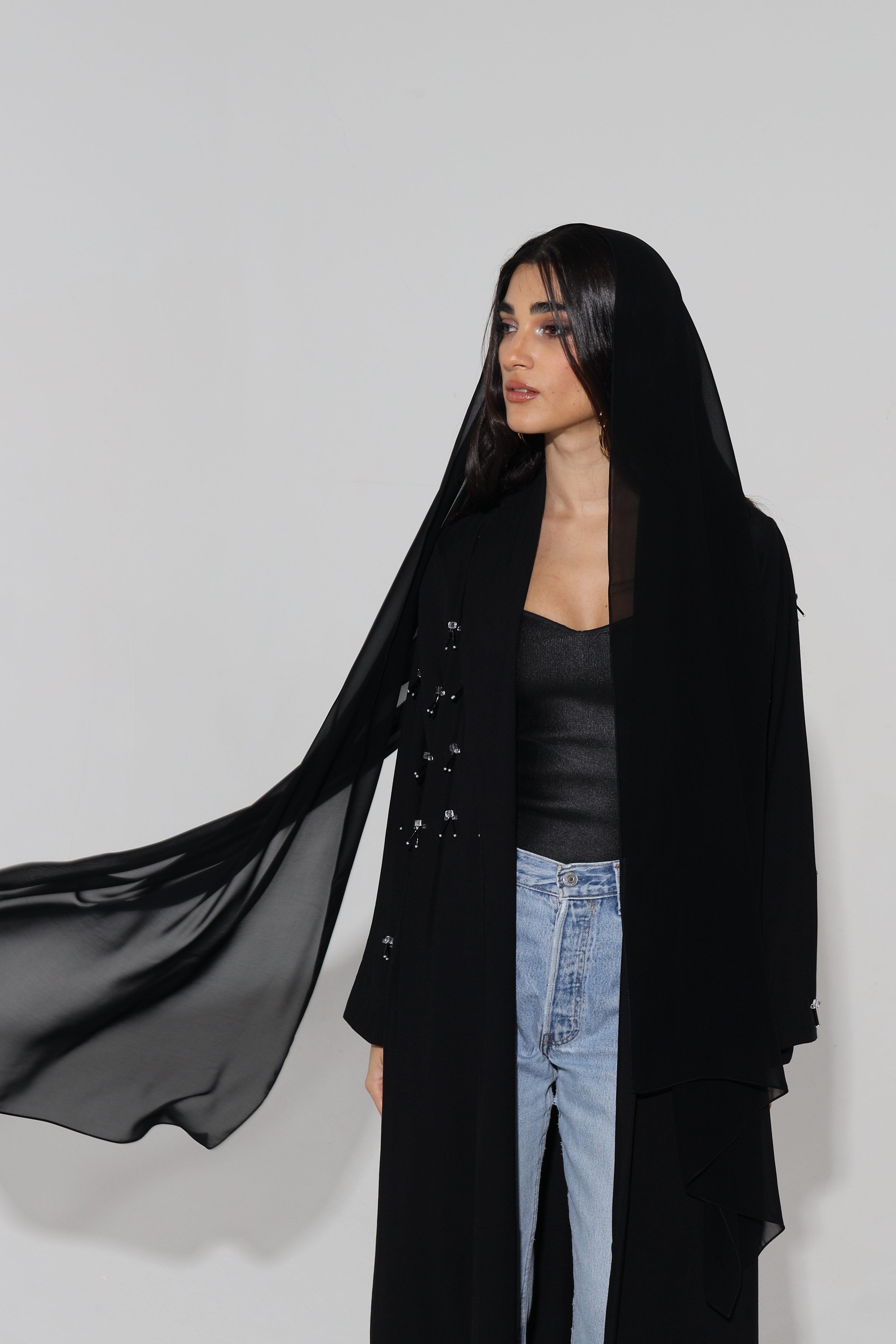 Zainah Cut Abaya With Hanging Beads – Hessa Falasi