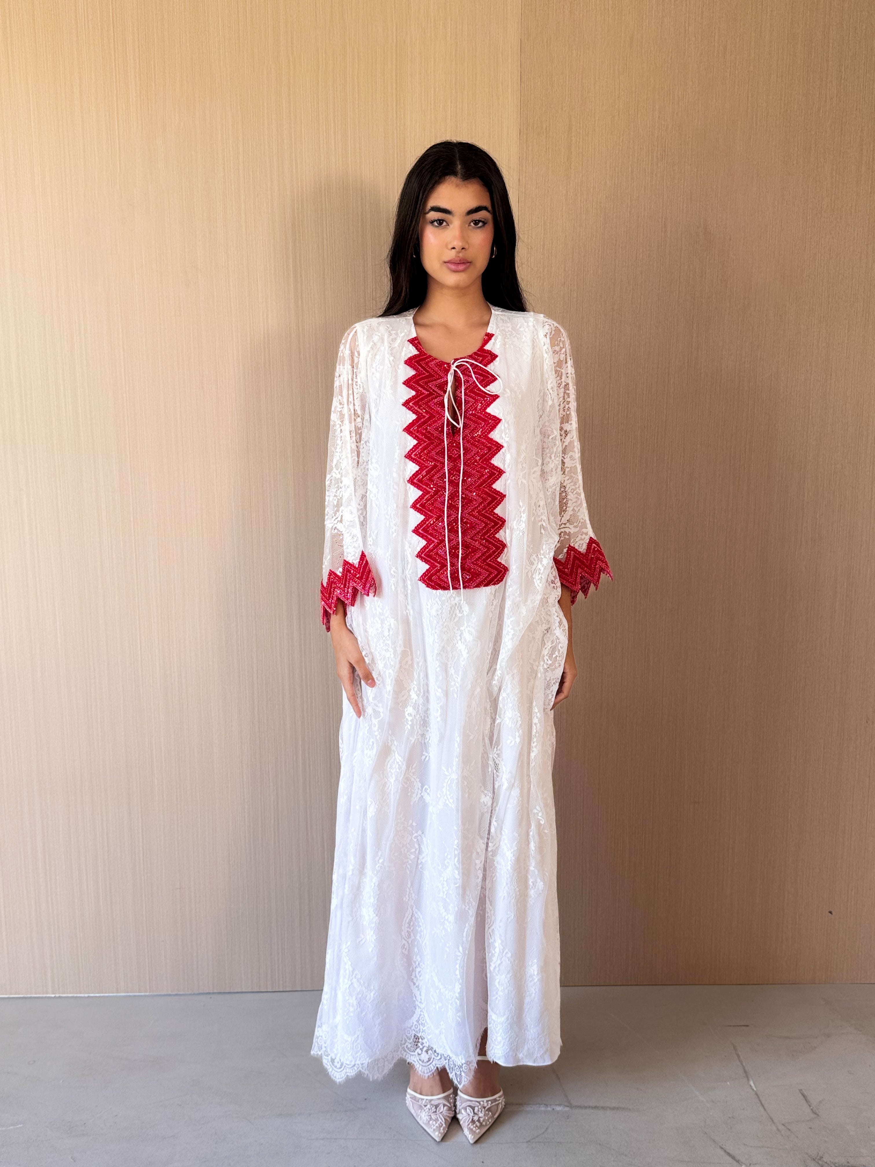 Round v Neck Free Size Kaftan - Red Bead Lace – Hessa Falasi