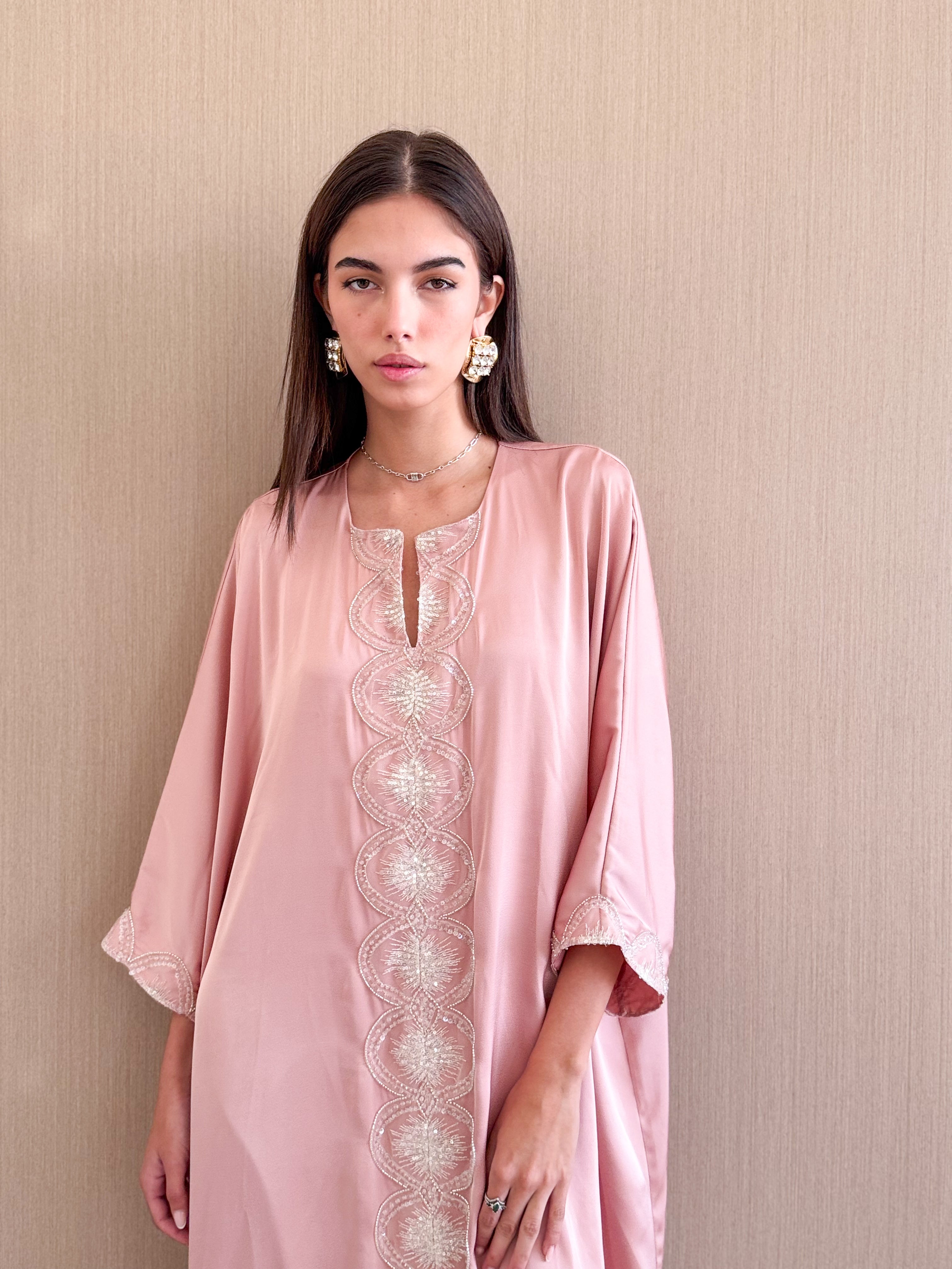 Round v-Neck With Light Pink Beads on Front and Sleeves – Hessa Falasi